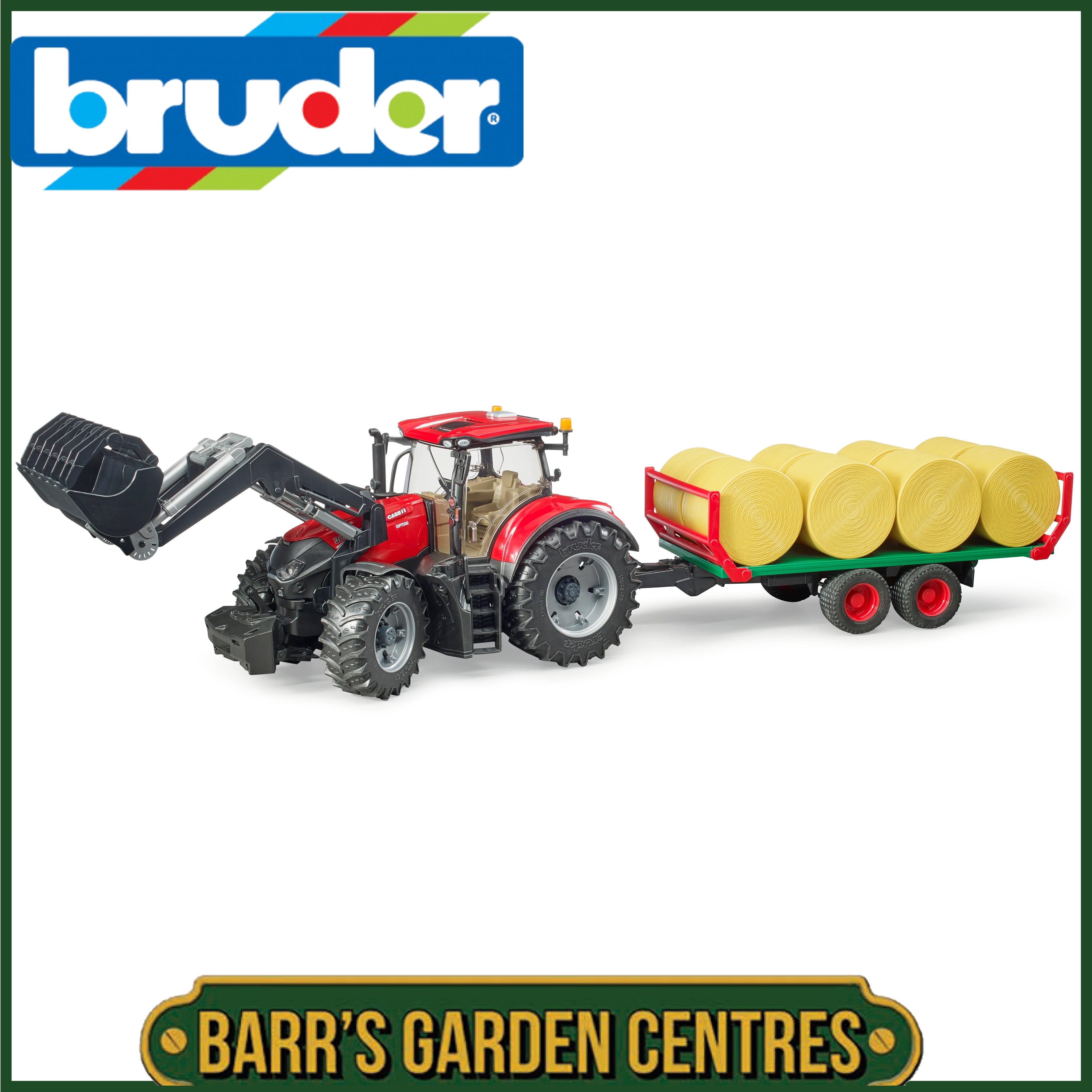 BRUDER Case IH Optum 300CVX + bale transport trailer – Barrs Garden Centres