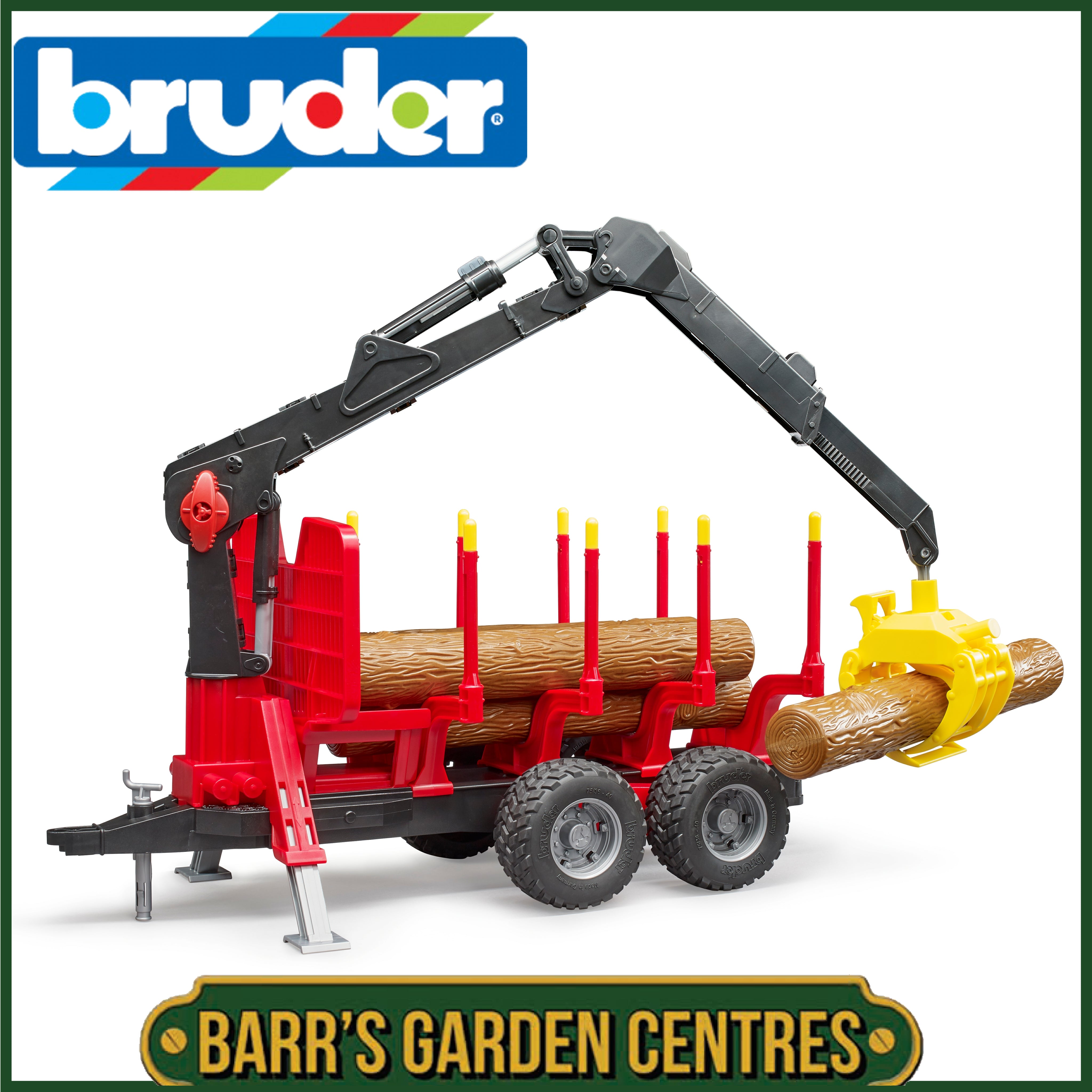 BRUDER Forestry trailer with loading crane and grab – Barrs Garden Centres